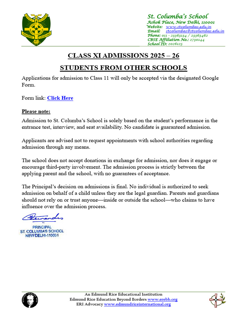 Class 11 Admissions 2025-26 at St. Columba's | PDF