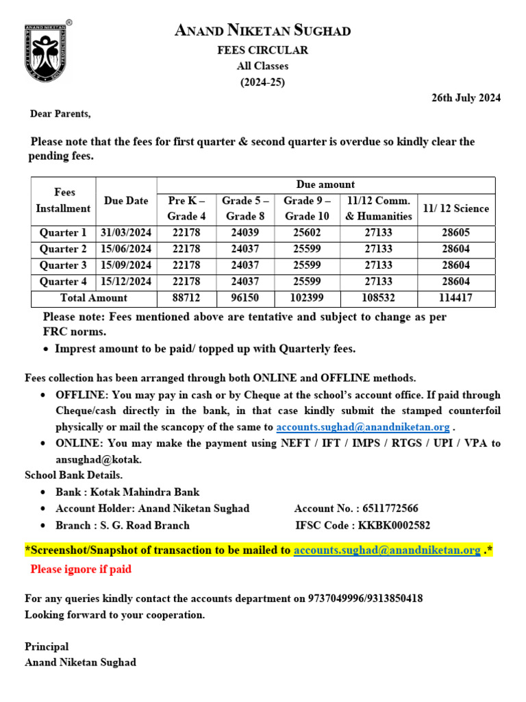 Fee Circular For 24-25 26.07.2024 | PDF