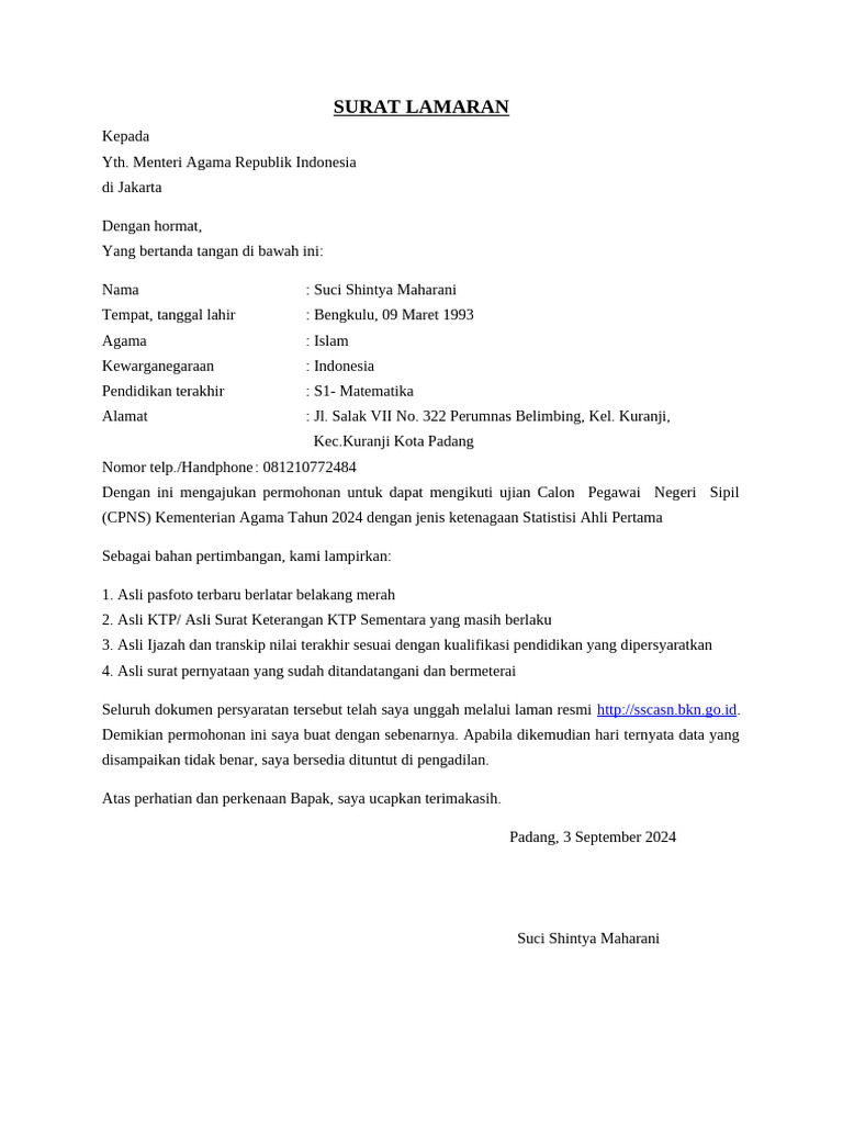 Surat Lamaran CPNS Kementerian Agama 2024 | PDF