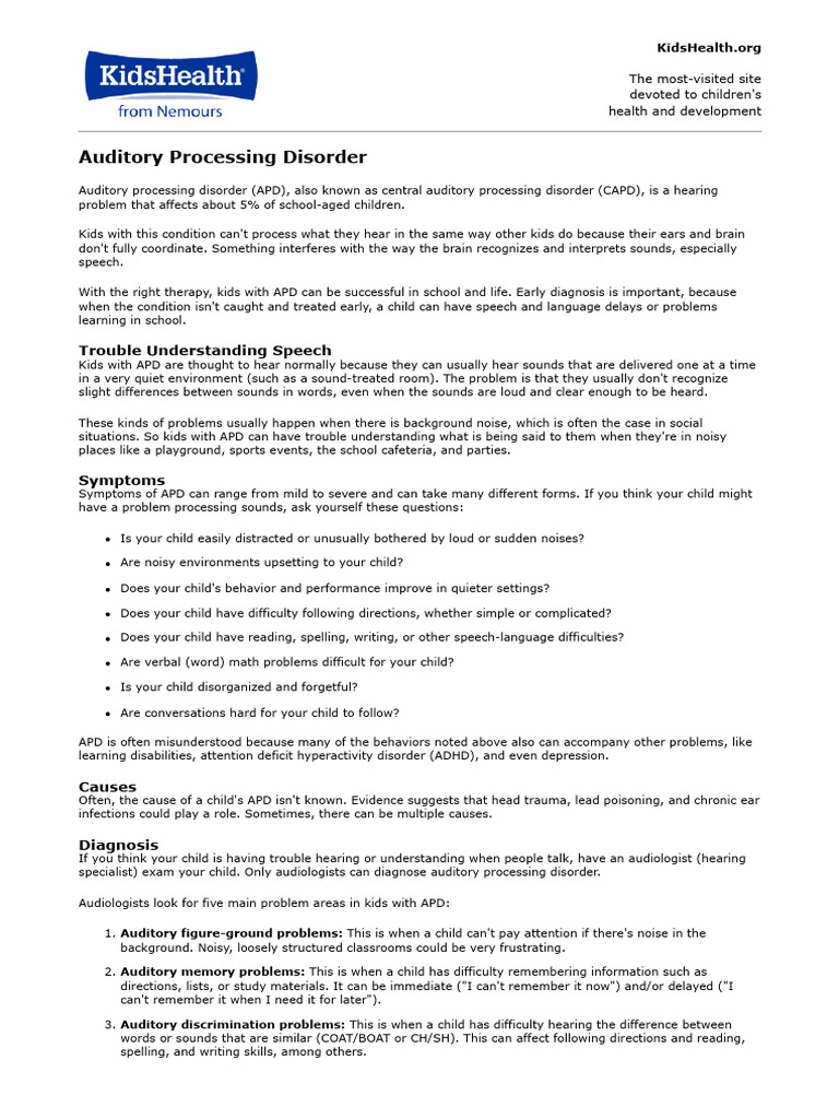Auditory Processing Disorder (for Parents) — Print Version - KidsHealth ...