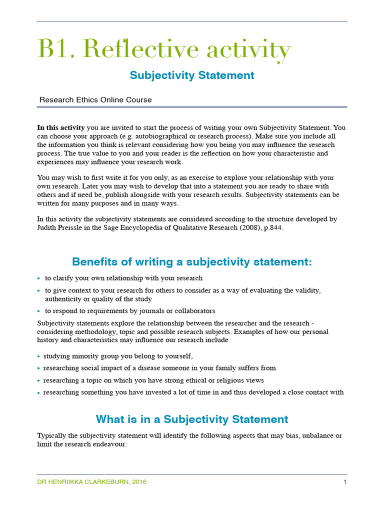 B1_Reflective_activity_Subjectivity_Statement | PDF | Qualitative ...