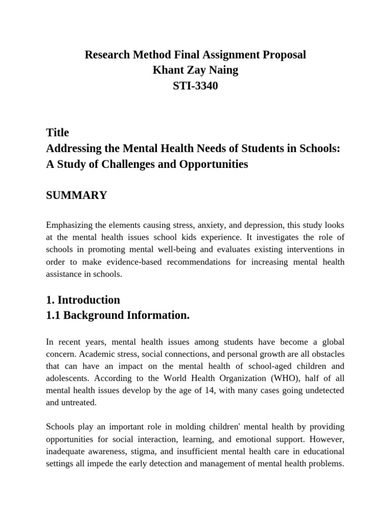 Research Method Final Assignment Proposal | PDF | Mental Health | Survey Methodology
