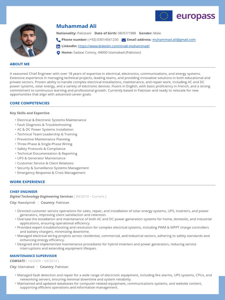 CV Muhammad Ali Europass | PDF | Pakistan | Power Inverter