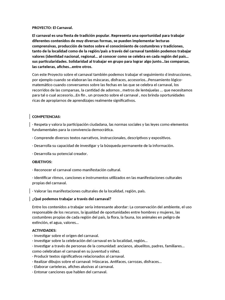 Proyecto Educativo sobre el Carnaval | PDF | Carnaval | Participación ...