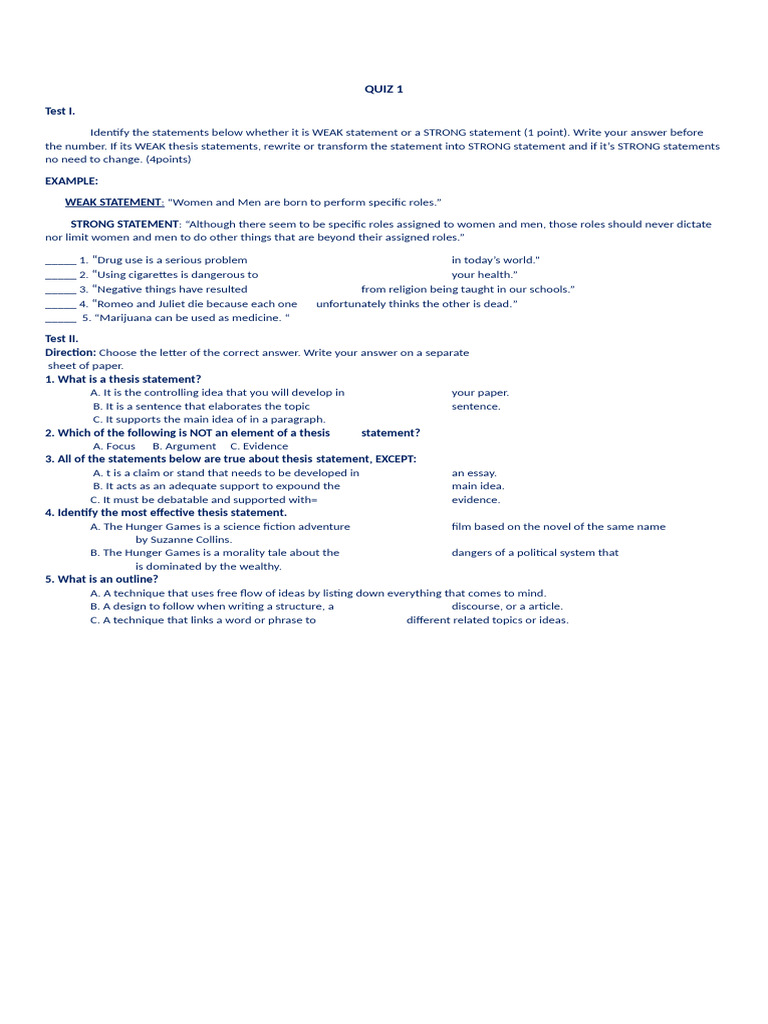Quiz 1 - Thesis Statements | PDF