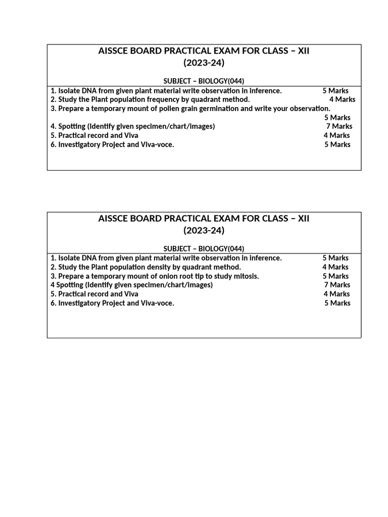 AISSCE BOARD PRACTICAL EXAM FOR CLASS 12 Bio | PDF