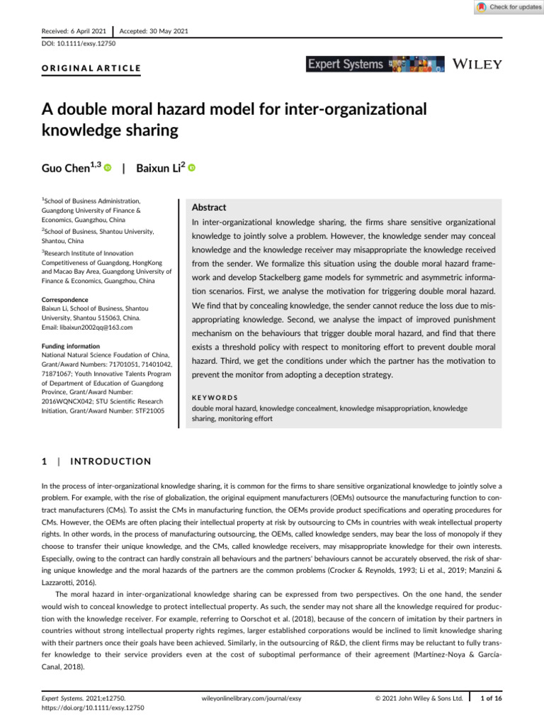 A Double Moral Hazard Model For Inter-Organizational Knowledge Sharing ...