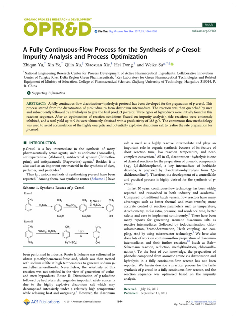 A Fully Continuous Flow Process For The Synthesis of P Cresol Impurity Analysis and Process ...