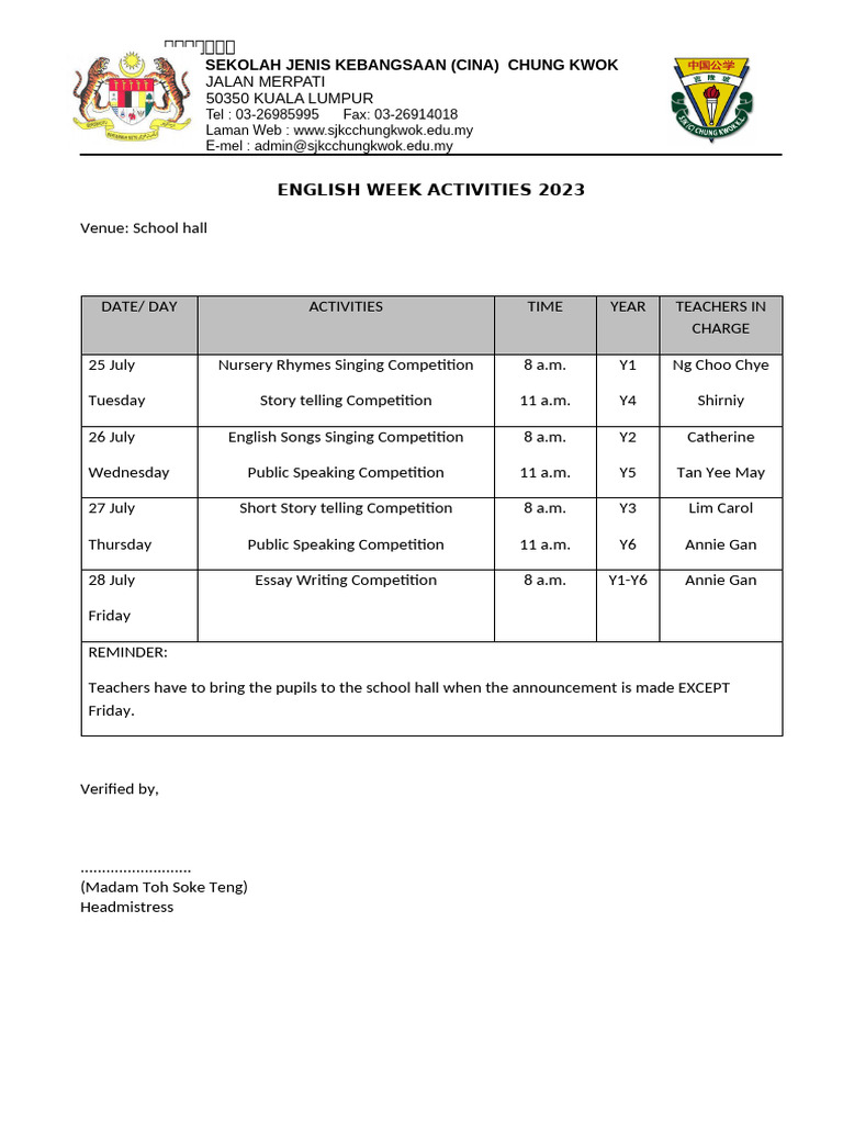 English Week Activities 2023 Schedule | PDF
