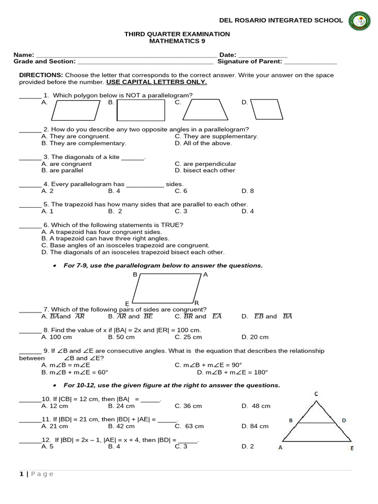 Mathematics 9 Third Quarter Exam Guide | PDF | Elementary Mathematics ...