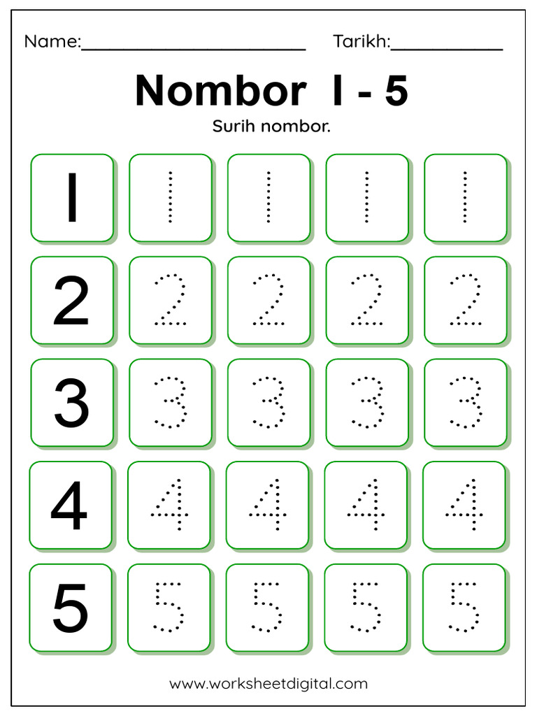 Nombor 1 - 5 Tadika Worksheet 2 | PDF