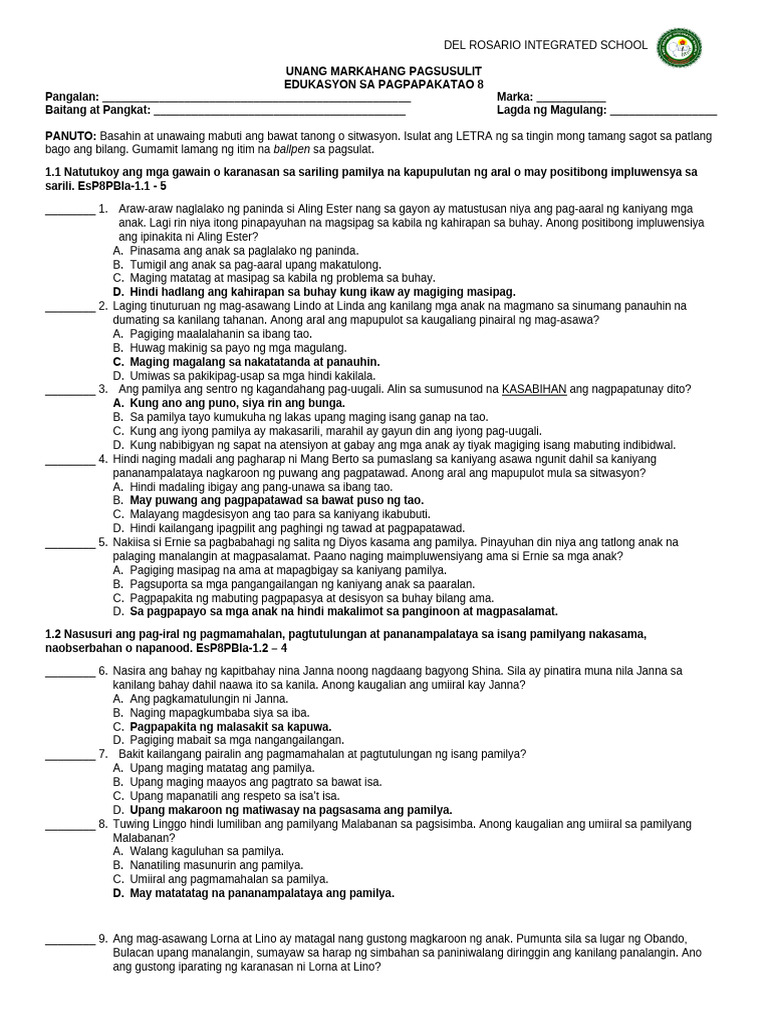 ESP 8 - 1st Quarterly Examination 2023-2024 With Answers and Competencies | PDF