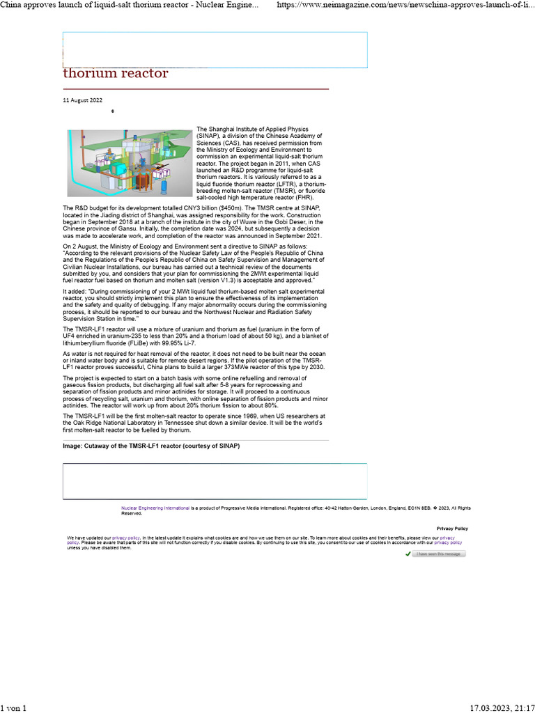 China Approves Launch of Liquid Salt Thorium Reactor - Nuclear ...