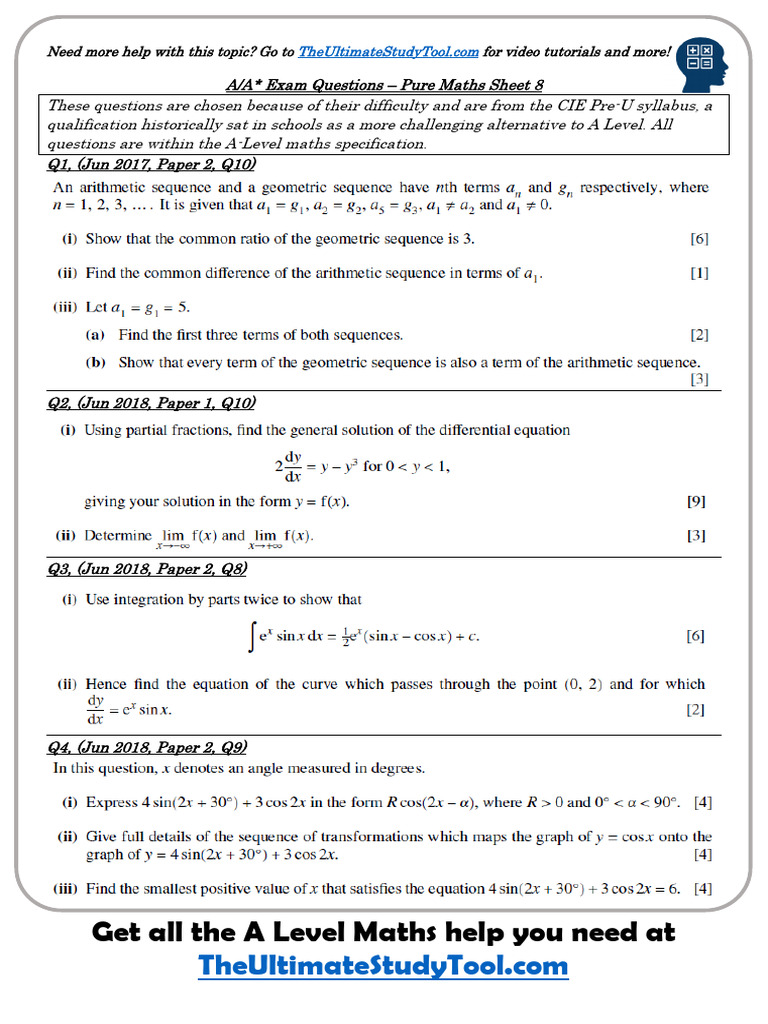 A/A* Pure Maths Exam Questions | PDF