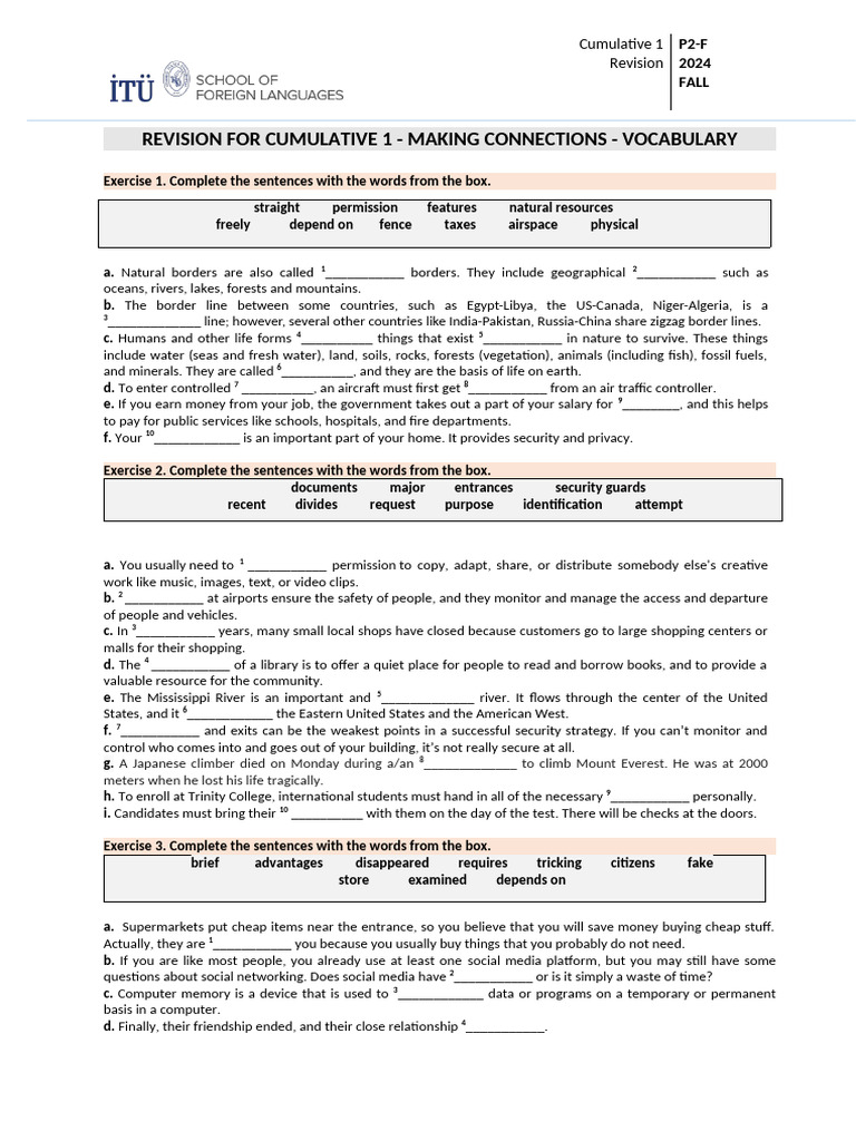 2024 FALL P2-F Cumulative 1 Revision MC 1 Vocabulary Revision (Answer Key Included) | PDF ...