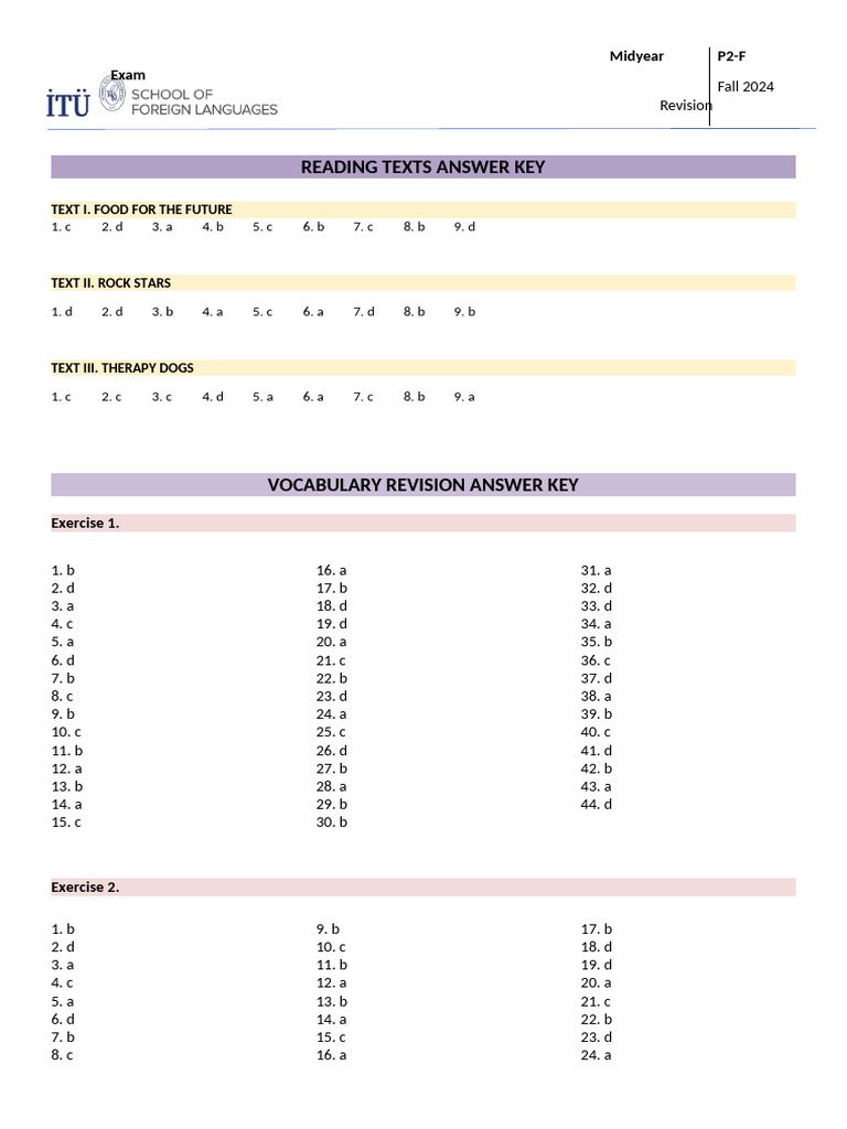 Midyear Exam Reading Texts&Vocabulary Answer Keys | PDF