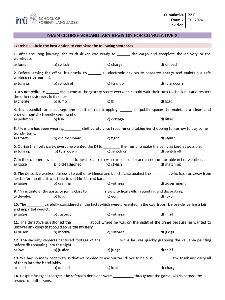 P2-F Cumulative 2 Revision Main Course Vocabulary (Answer Key Included ...