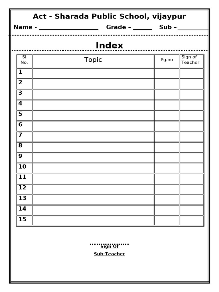 Index Worksheet for Sharada School | PDF