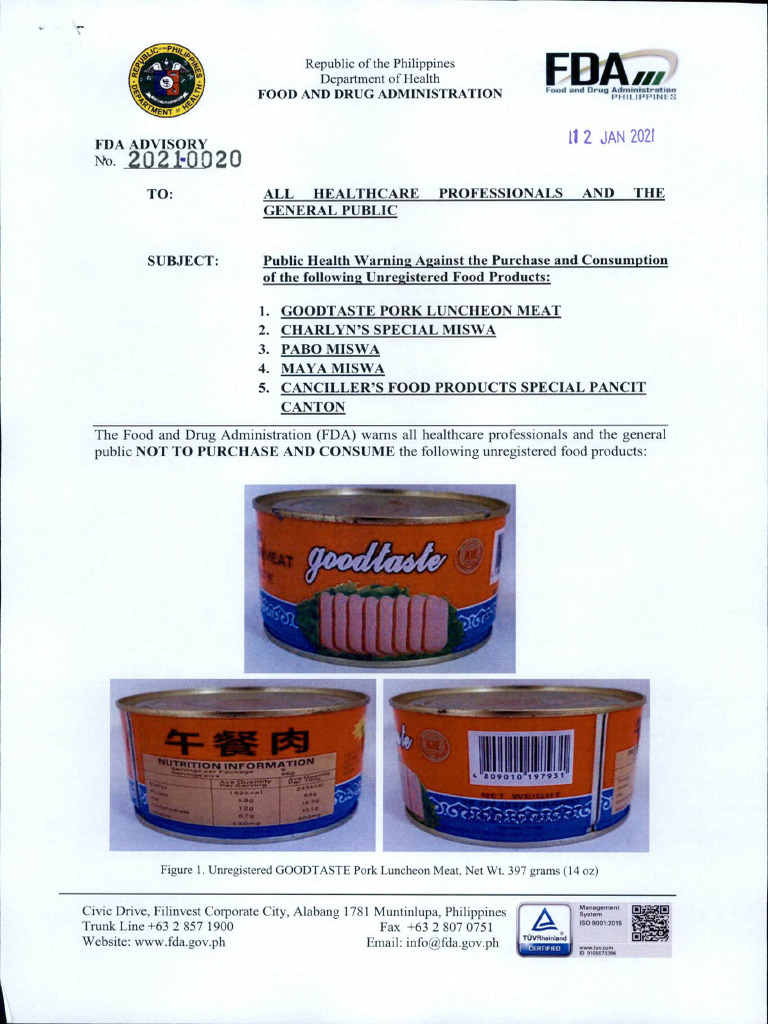 FDA Advisory No.2021 0020 | PDF