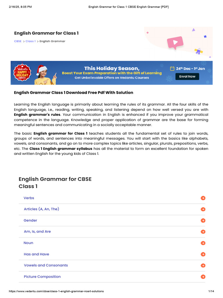 English Grammar For Class 1 CBSE English Grammar (PDF) | PDF | Alphabet ...