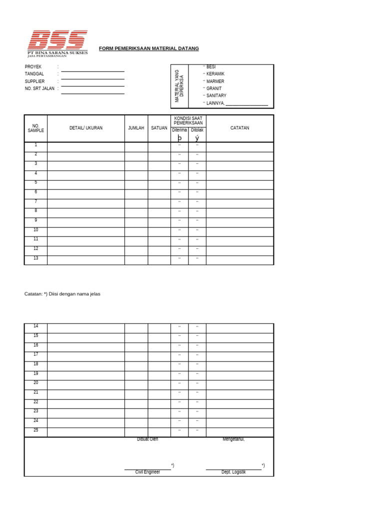 Formulir Pemeriksaan Material Proyek | PDF