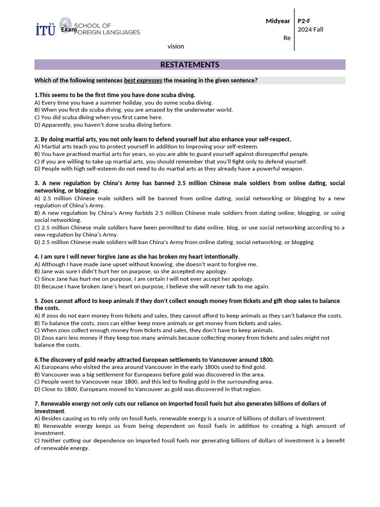P2-F Midyear Exam Revision Main Course - Restatements 2 | PDF | Renewable Energy | Hawaii