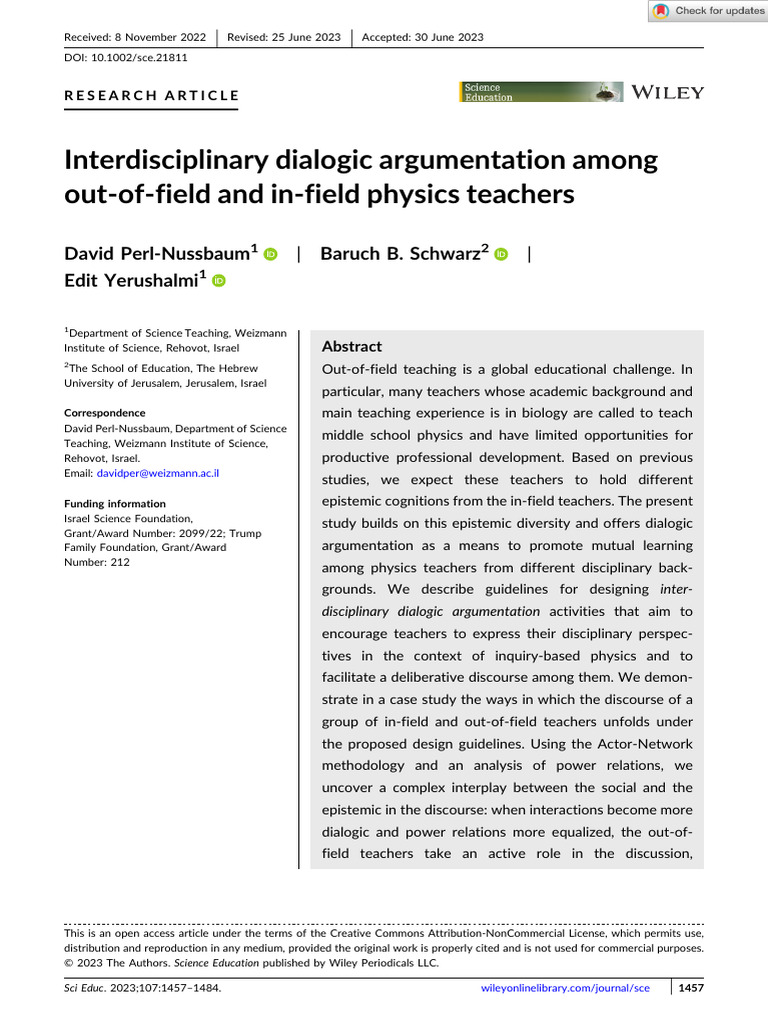 Science Education - 2023 - Perl Nussbaum - Interdisciplinary Dialogic Argumentation Among Out of ...