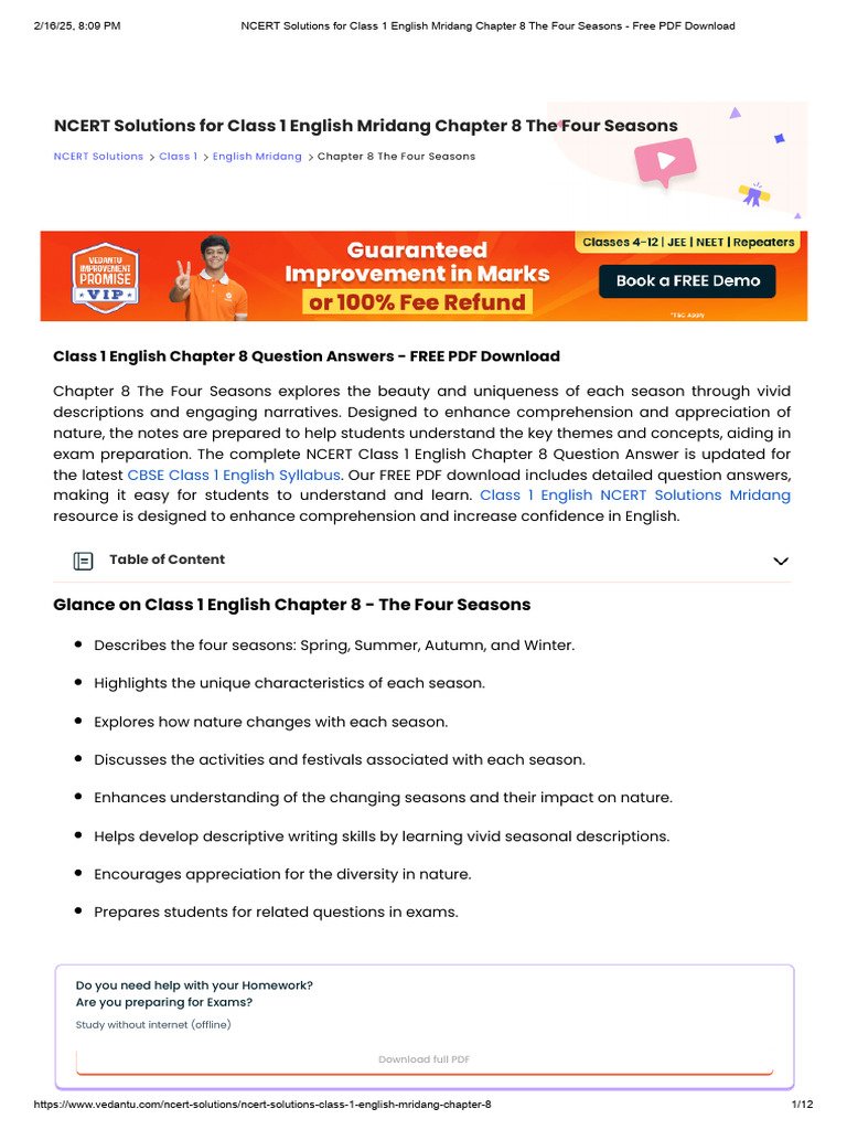 Class 1 English Chapter 8 Solutions PDF | PDF | Qualifications