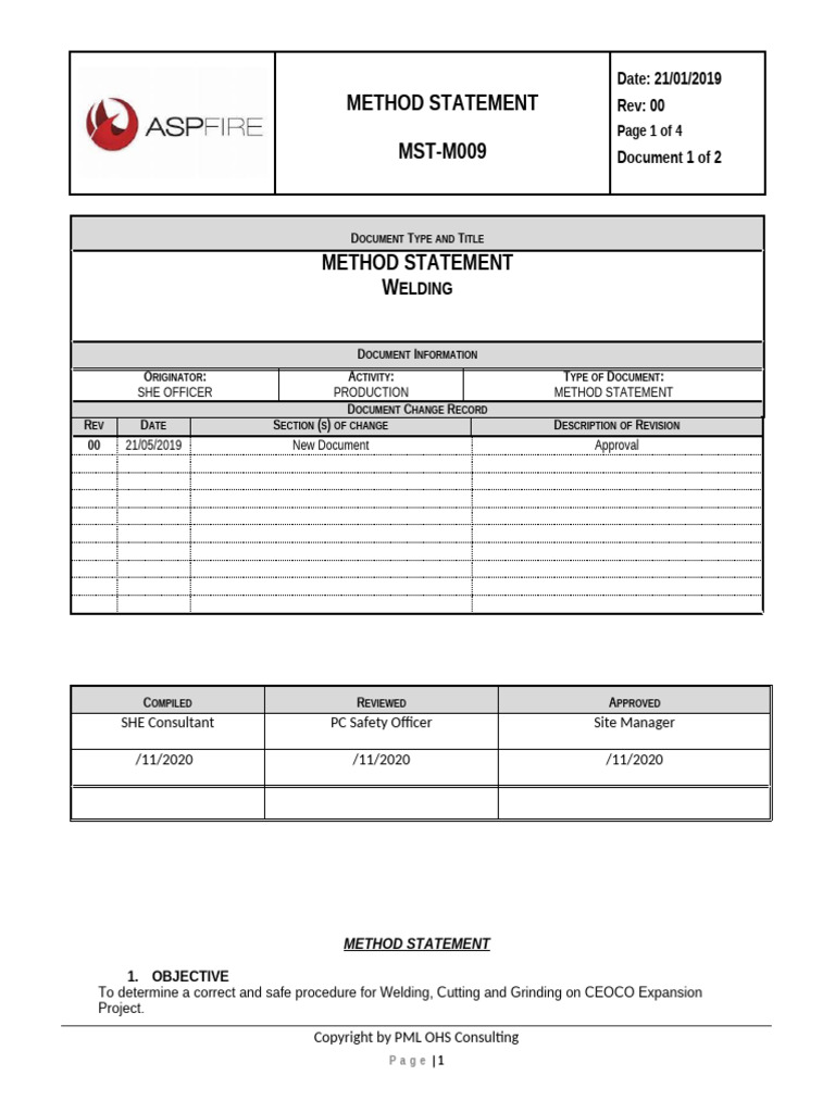 Method Statement WElding, Cutting and Grinding | PDF | Welding ...