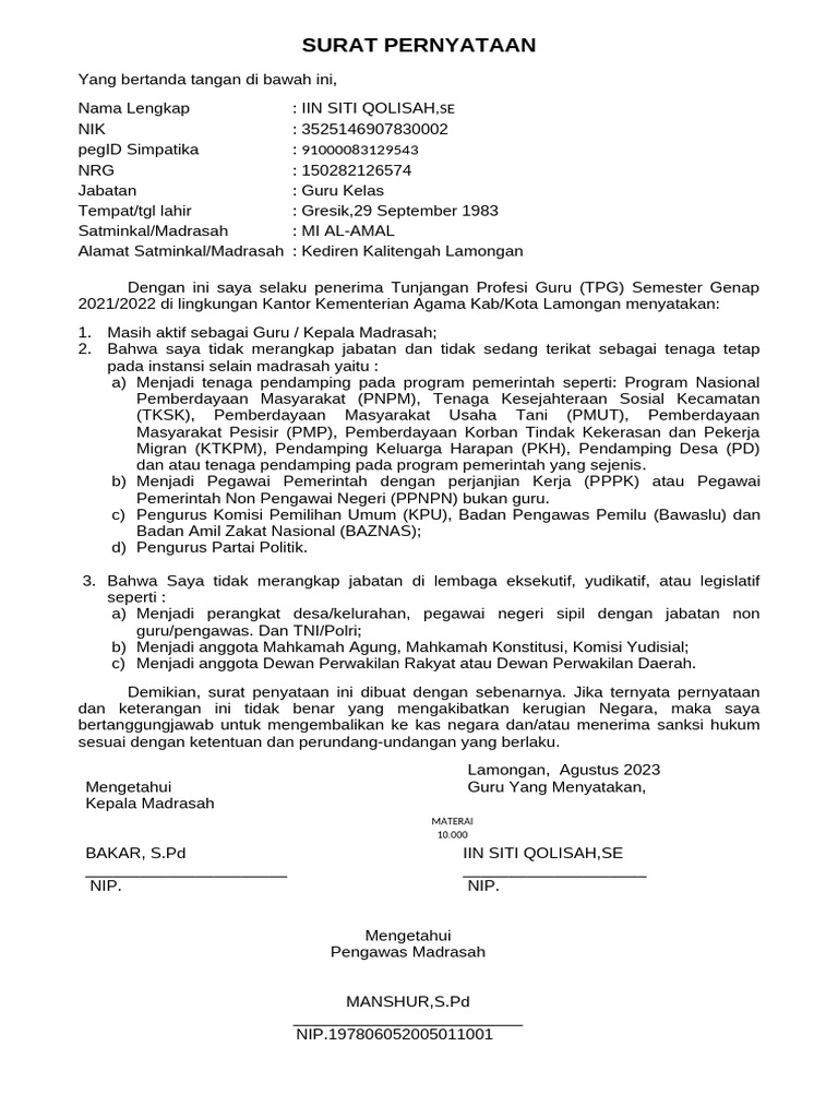 Lampiran Surat - Surat Pernyataan NF | PDF