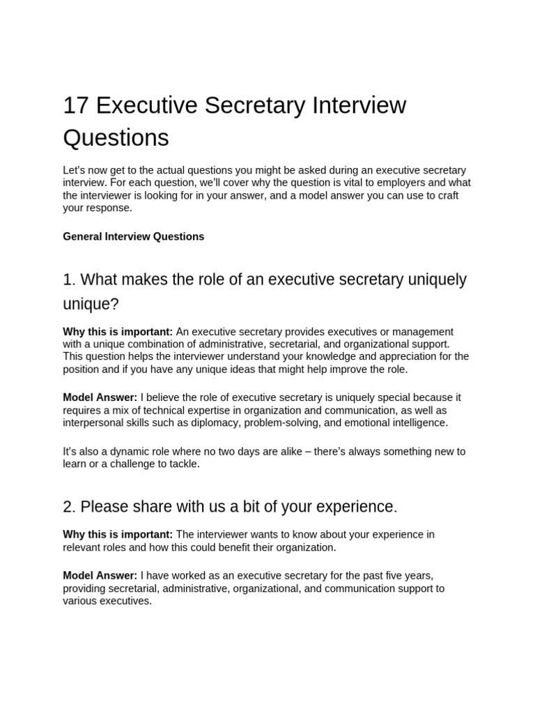 17 Executive Secretary Interview Questions | PDF | Job Interview ...