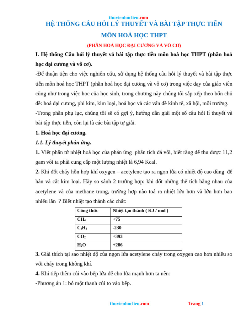 He Thong Cau Hoi Ly Thuyet Va Bai Tap Thuc Tien Mon Hoa Hoc THPT | PDF