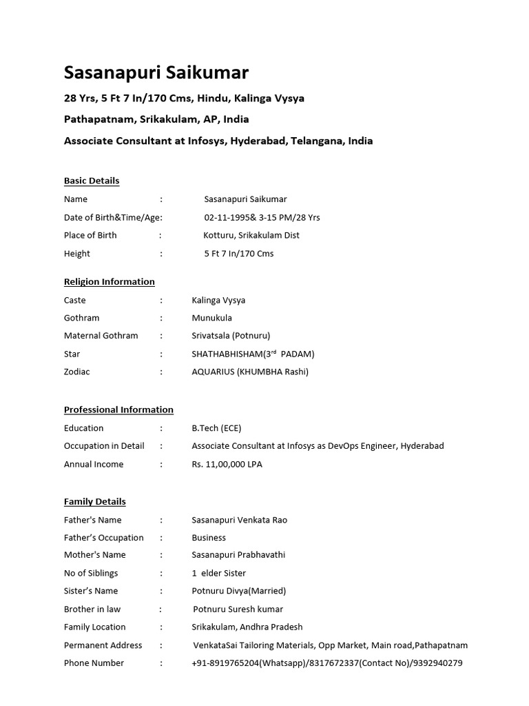 Matrimonial Profile: Sasanapuri Saikumar | PDF