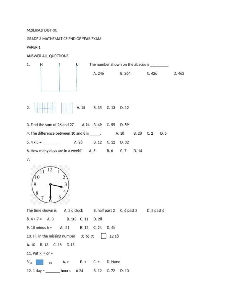Grade 3 Math Exam Paper | PDF