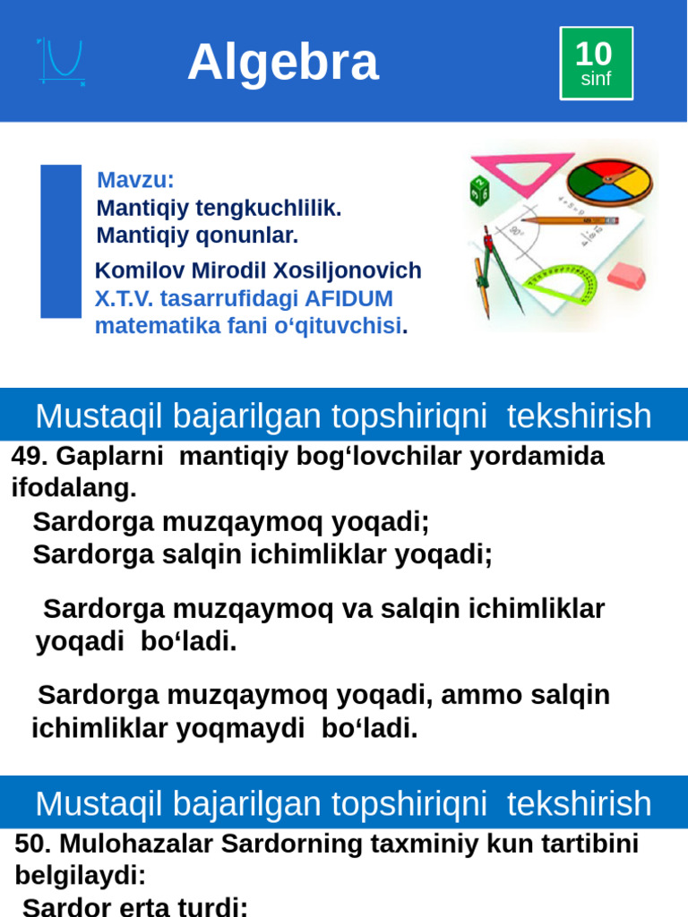 10 Sinf Algebra 7-Dars.+ | PDF