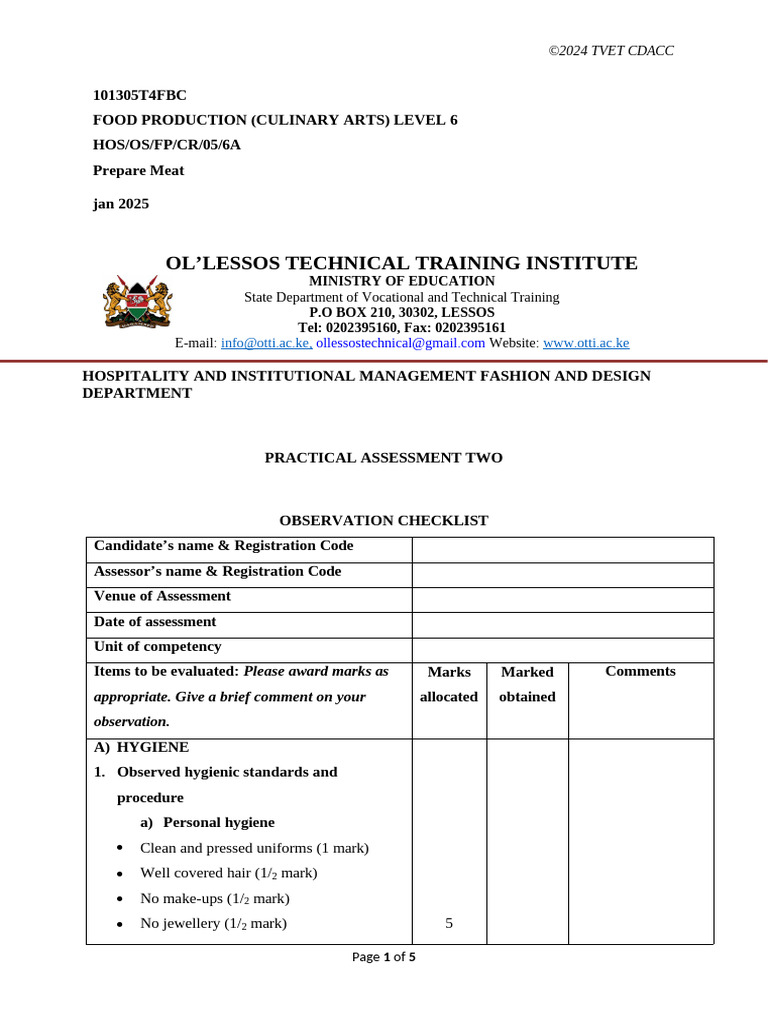 Observation Checklist PREPARE CUTS OF MEAT - 031414 | PDF | Lamb And ...
