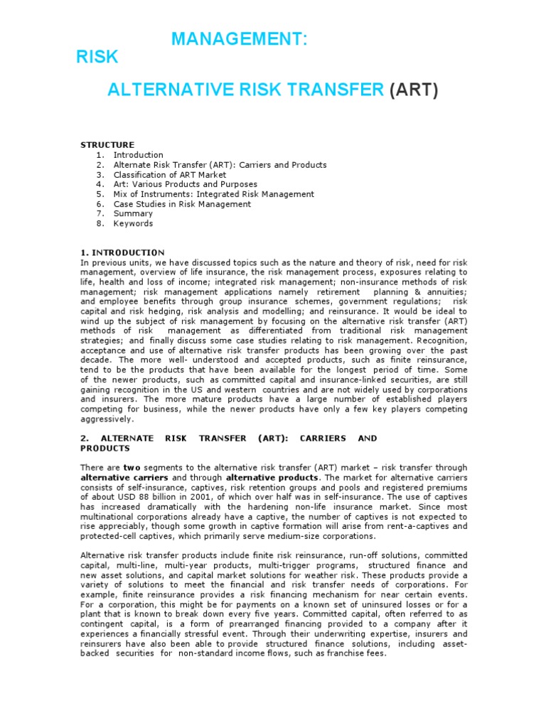 Alternative Risk Transfer Strategies Explained | PDF | Insurance ...