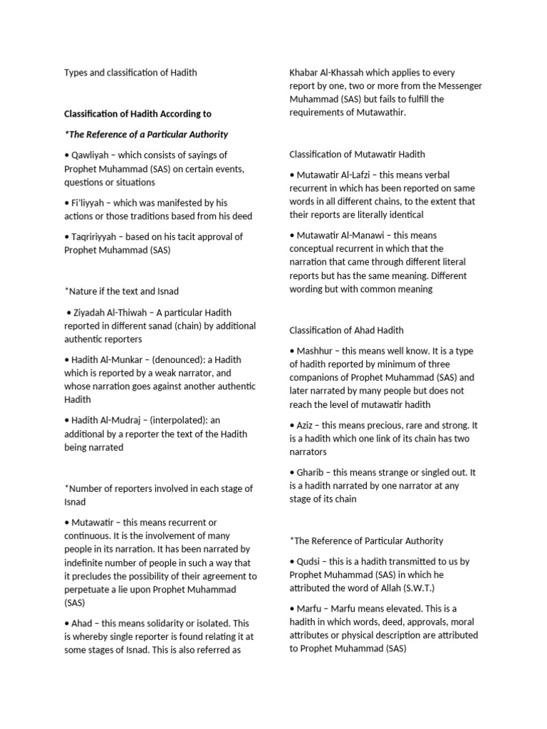 Types and Classification of Hadith | PDF | Hadith | Islamic Texts