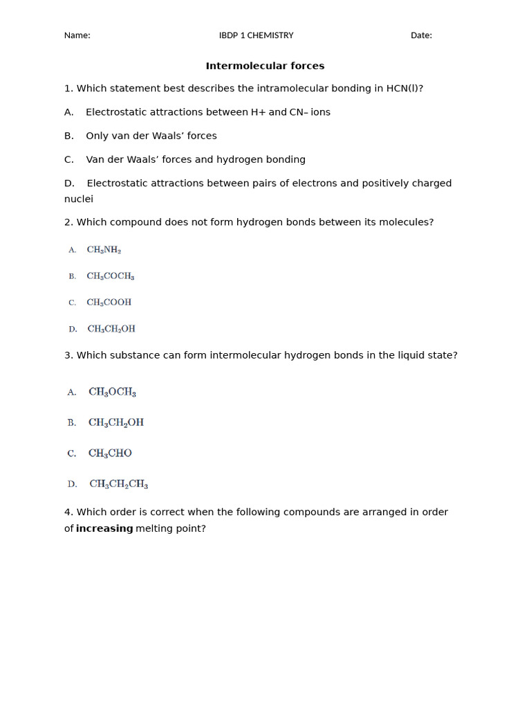 Intermolecular Forces Ws | PDF | Intermolecular Force | Chemical Bond