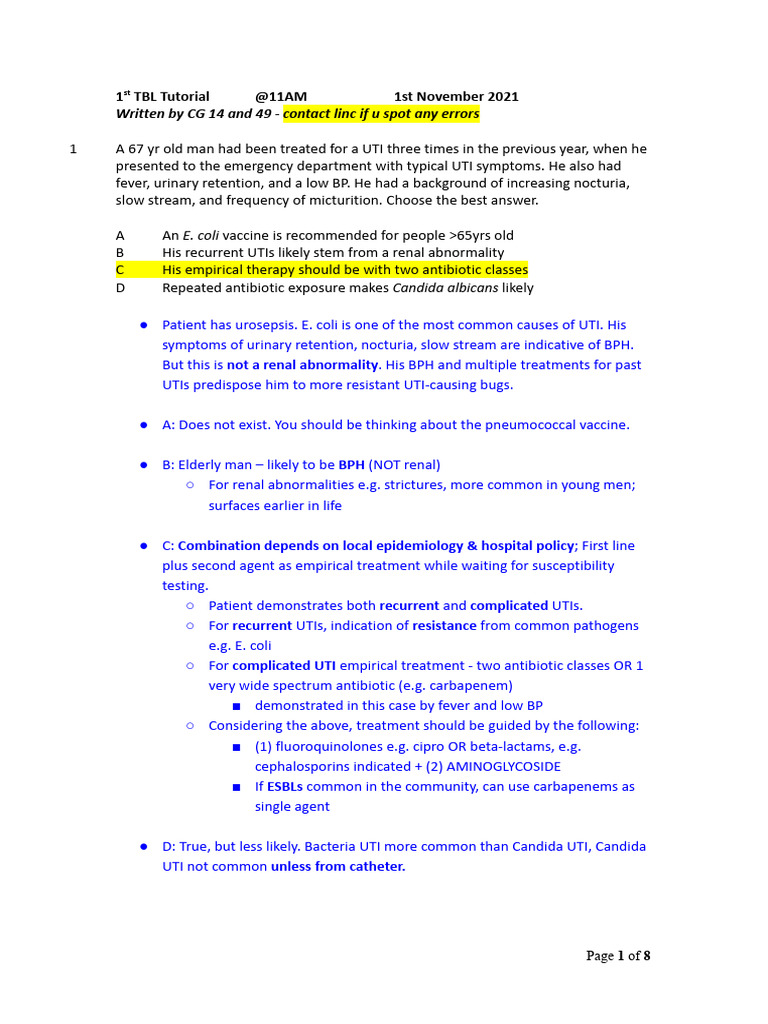 MicroB Tutorial 1 Answers | PDF | Urinary Tract Infection | Streptococcus