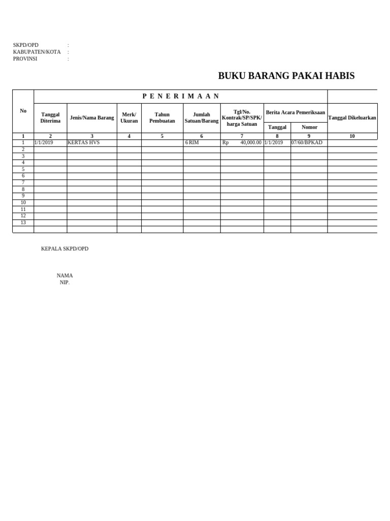 Format Buku Barang Pakai Habis | PDF