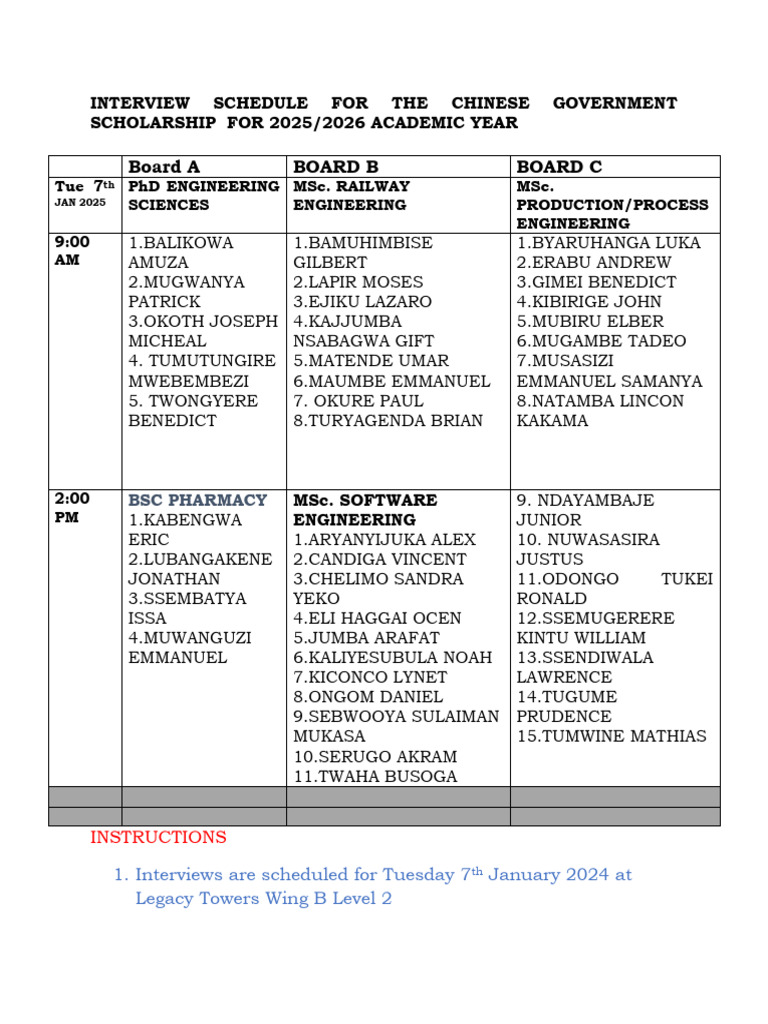 Interview Schedules For Chines Government Scholarships 2025 2026 | PDF | Government And Personhood