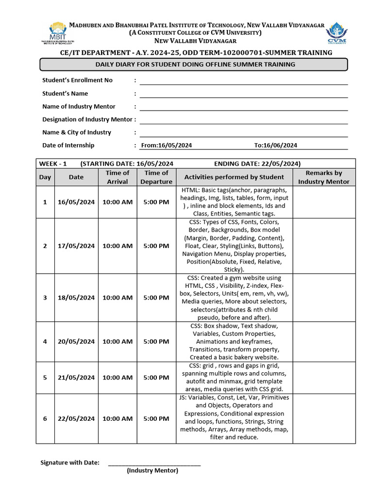 Student's Daily Diary For Internship | PDF | Html | Document Object Model