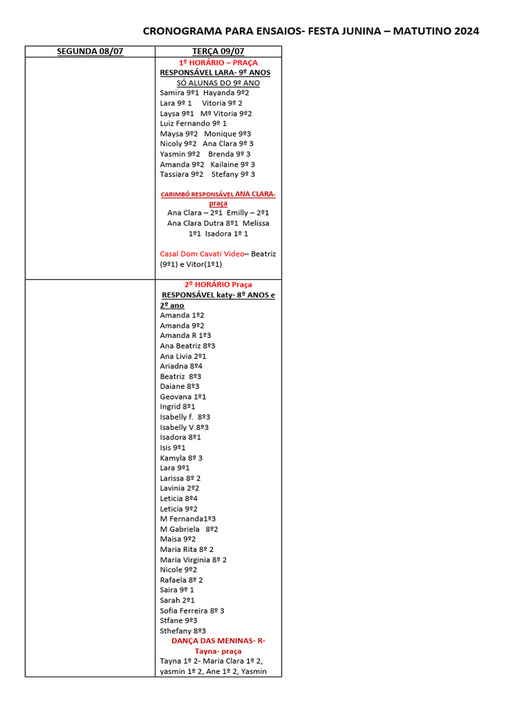 Cronograma para Ensaios - Festa Junina 2024-1 | PDF