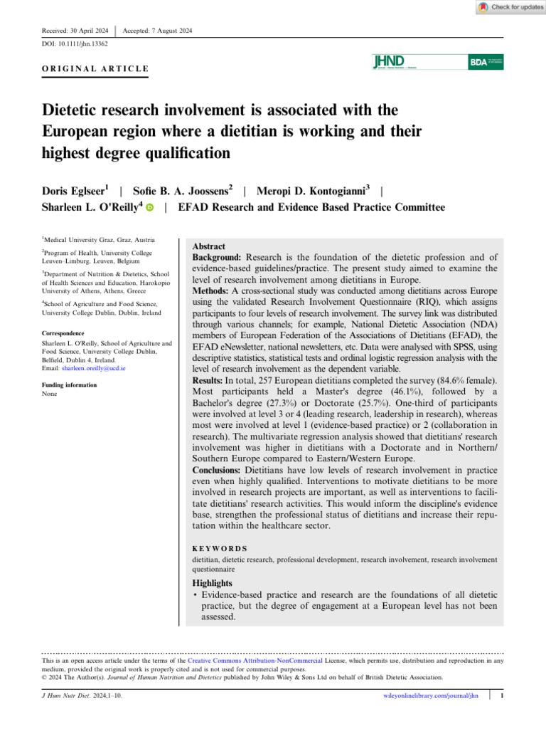 J Human Nutrition Diet - 2024 - Eglseer - Dietetic Research Involvement ...