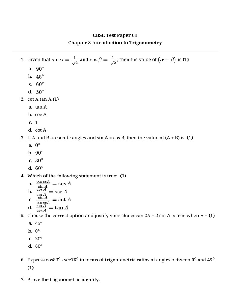 Introduction To Trigonometry 1 Questions | PDF