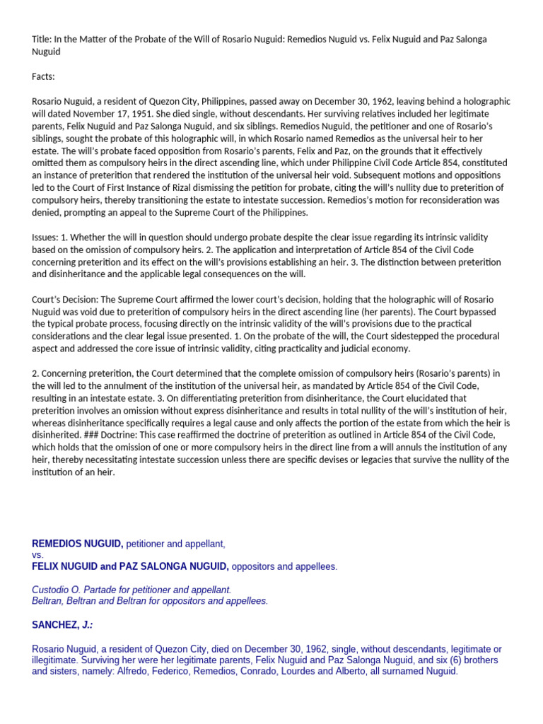 Rosario Nuguid Will Probate Case Summary | PDF | Inheritance | Will And ...