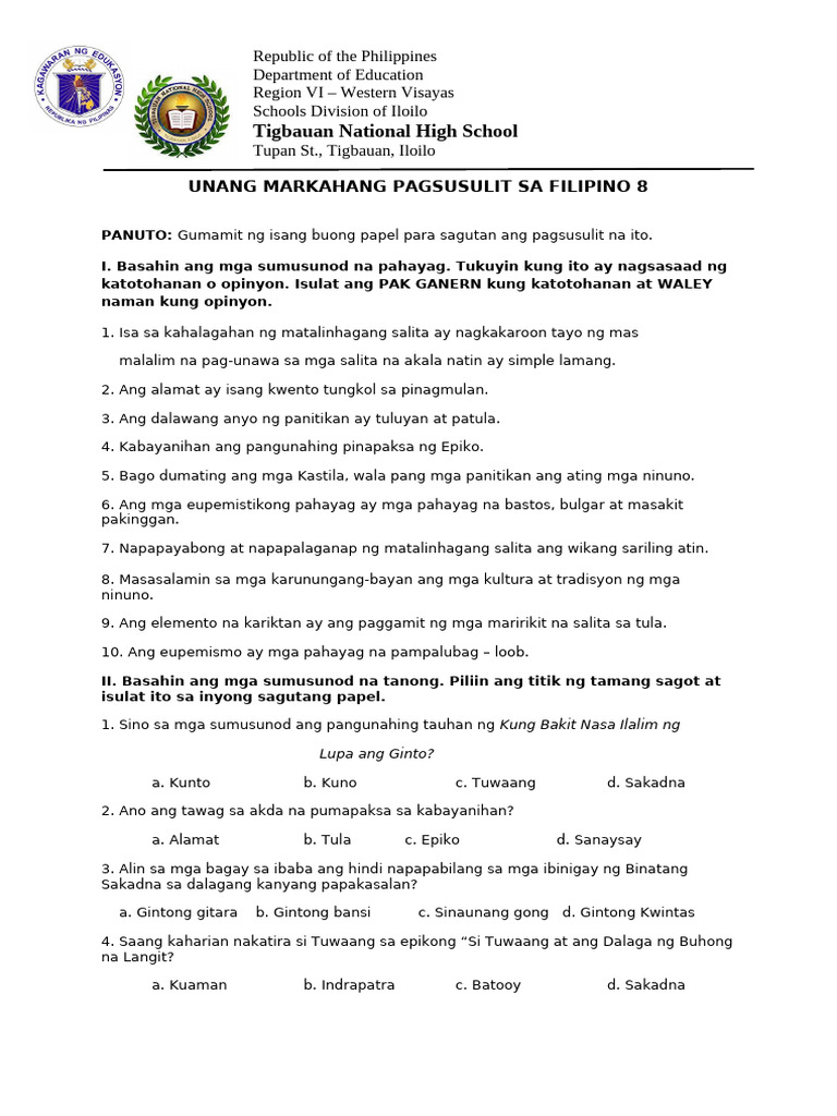Filipino 8 1ST Grading 23 24 | PDF