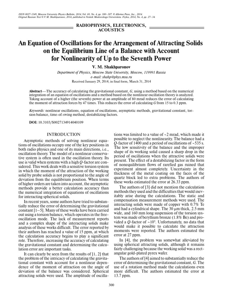 An Equation of Oscillations For The Arrangement of Attracting Solids On The Equilibrium Line of ...