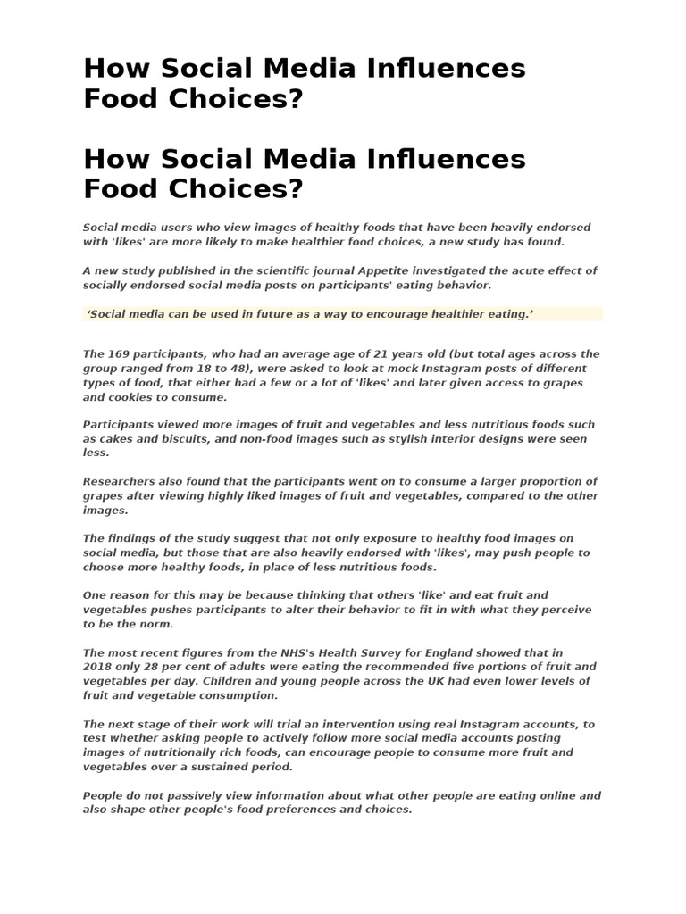 How Social Media Influences Food Choices | PDF | Healthy Diet ...